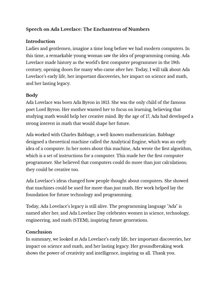 Speech on Ada Lovelace_ The Enchantress of Numbers | PDF