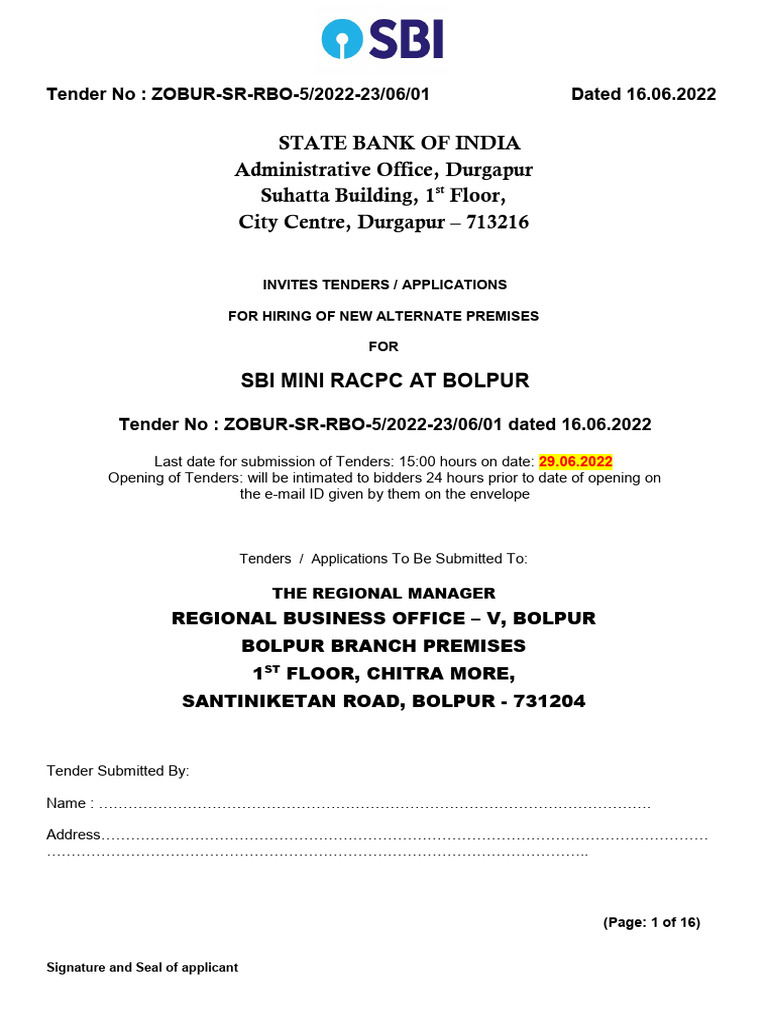 NIT For Hiring of Premises For Mini RACPC at Bolpur | PDF | Lease ...