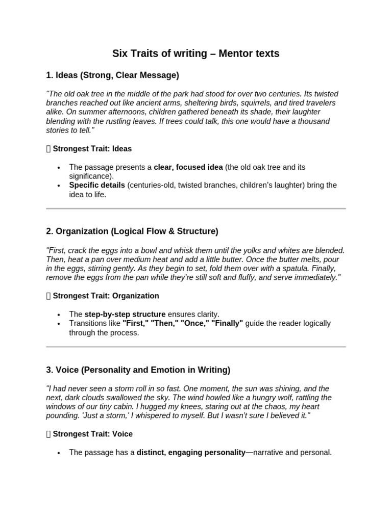 Six Traits of Writing - Mentor Texts - With Answer Key | PDF
