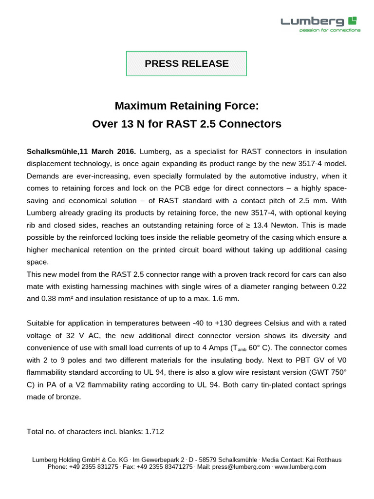LUMBERG Press Release RAST 2.5 With Maximum Retaining Force - EN | PDF ...