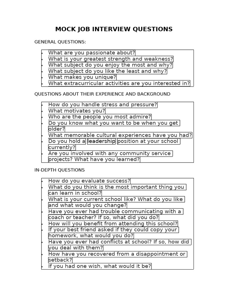 MOCK JOB INTERVIEW QUESTIONS. | PDF