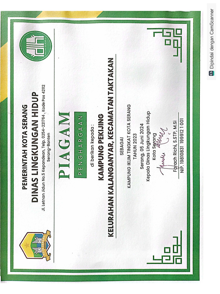 Piagam Proklim Pekijing 2023 DLH Kota SRG | PDF