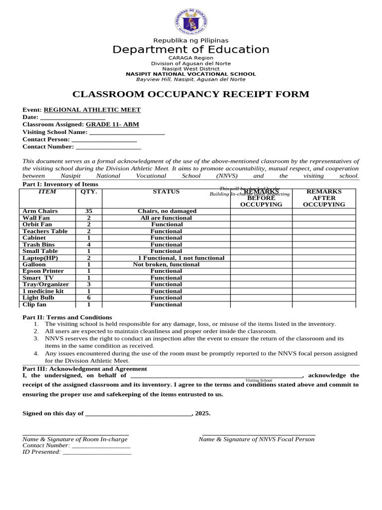 Classroom Occupancy Receipt Form Template | PDF