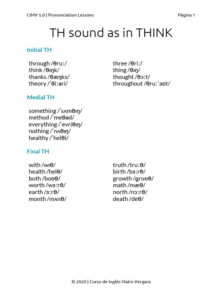 PDF Pronunciation Lesson 01 - TH As in THINK | PDF