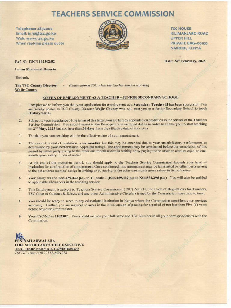 TSC Appointment Letter | PDF