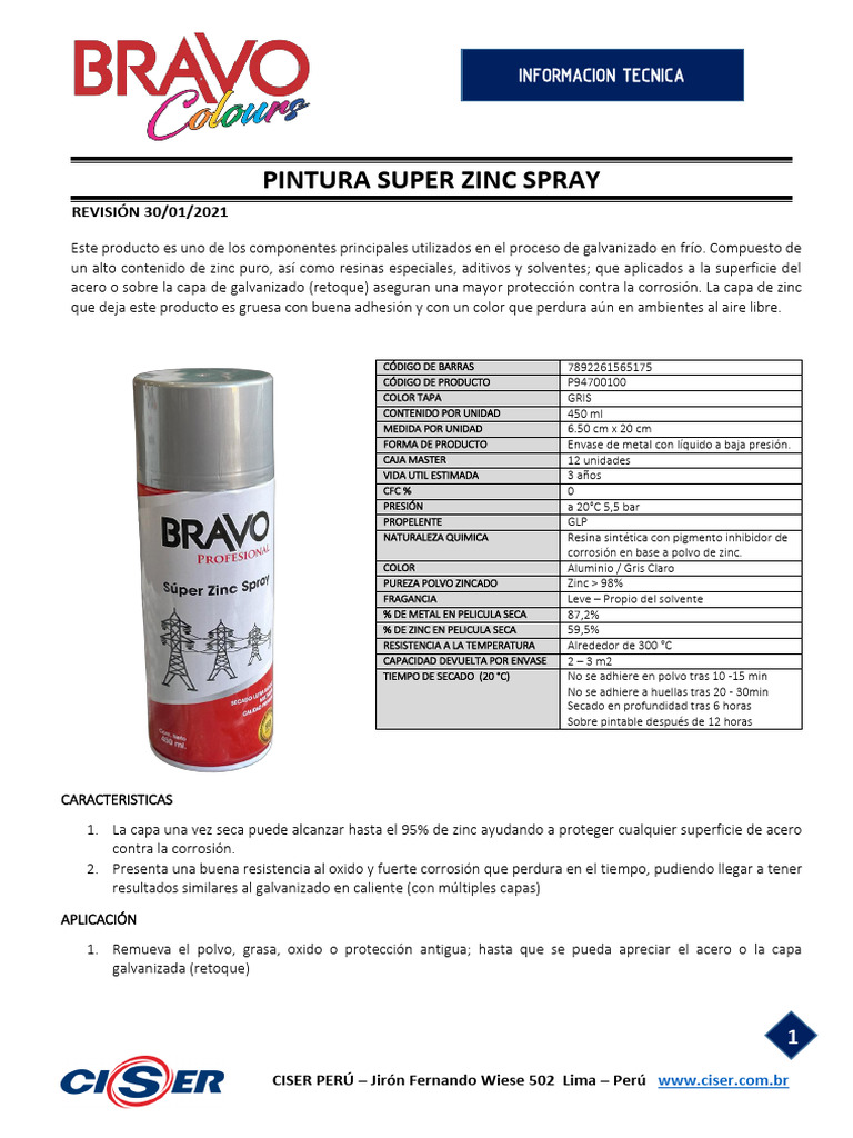 Pintura Super Zinc Spray: Ficha Técnica | PDF | Zinc | Corrosión