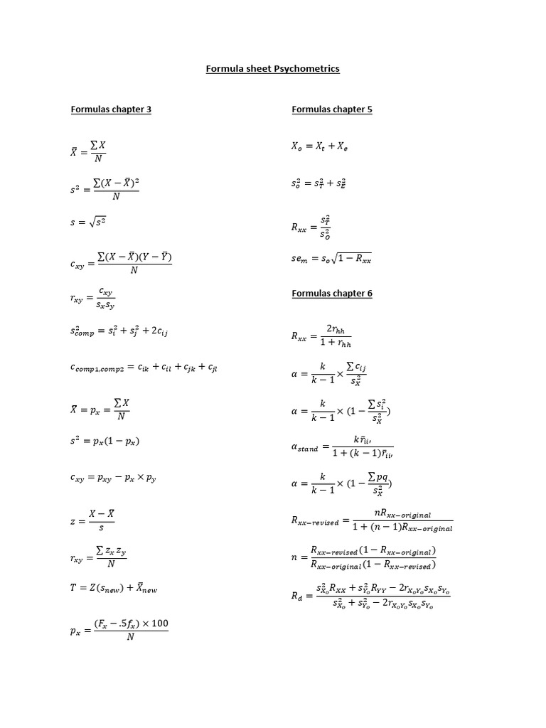 Formula sheet psychometrics 23-24 | PDF