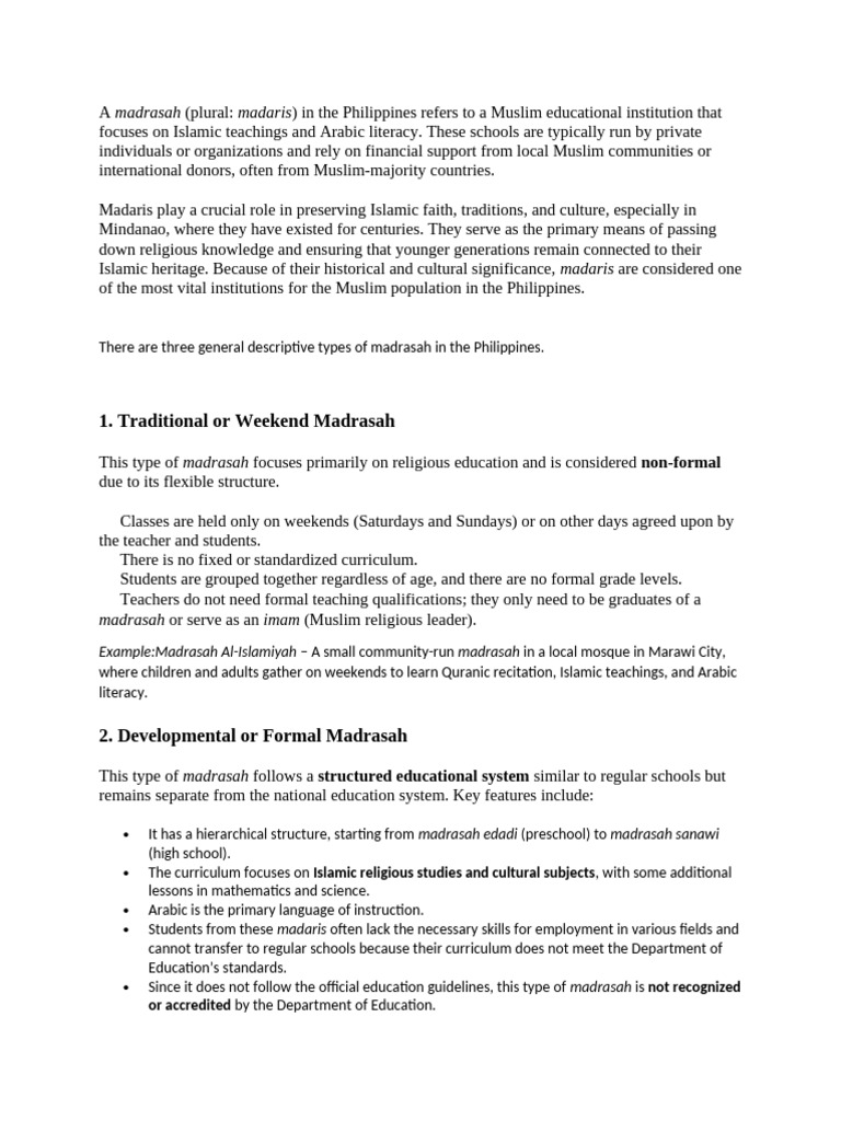 Overview of Madrasah Types in the Philippines | PDF | Curriculum | Schools