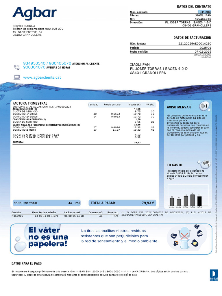 Factura de Agua - Xiaoli Pan | PDF