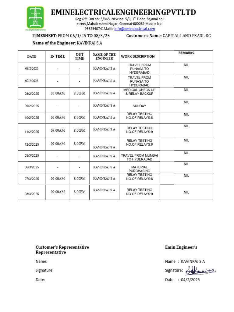 Kavinraj S A Timesheet Capital Land Pearl DC Hyd | PDF