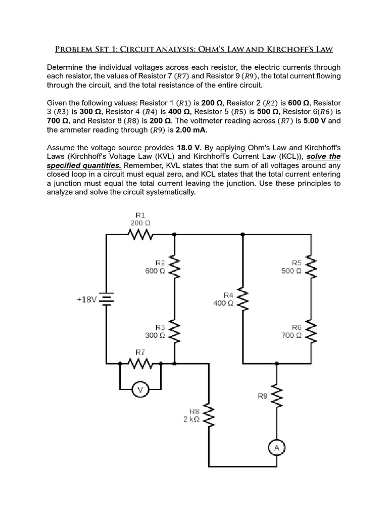 Problem Set 1 Electric Circuit Ohms Law and Kirchoffs Law | PDF
