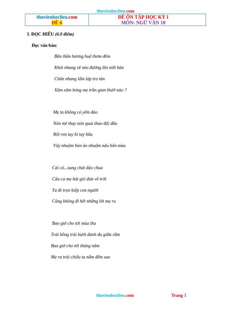 Thuvienhoclieu.com de on Tap HK1 Ngu Van 10 de 6 | PDF