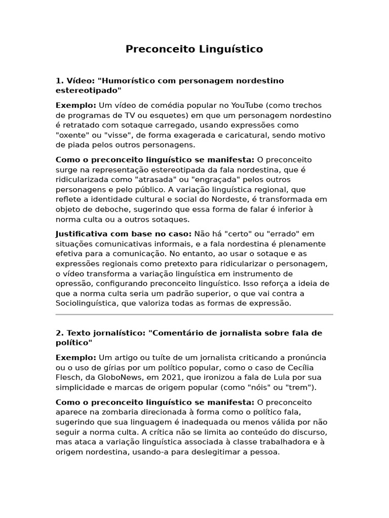 Preconceito Linguístico e Seus Exemplos | PDF | Preconceitos | Linguística