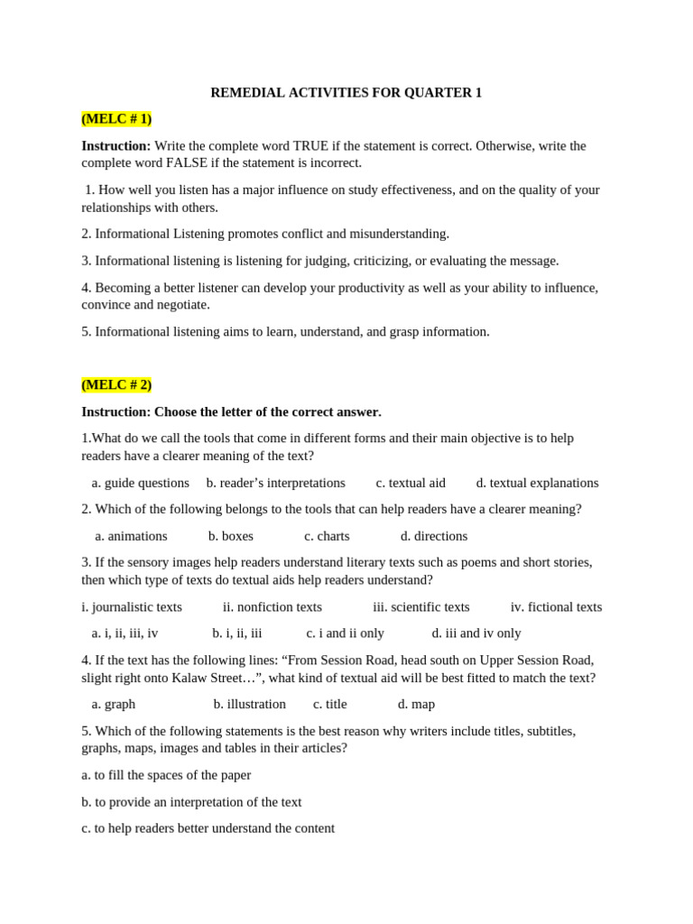 Quarter 1 Remedial Activities | PDF