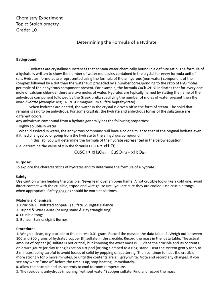 Chemistry Experiment - Determining Formula of A Hydrate | PDF ...