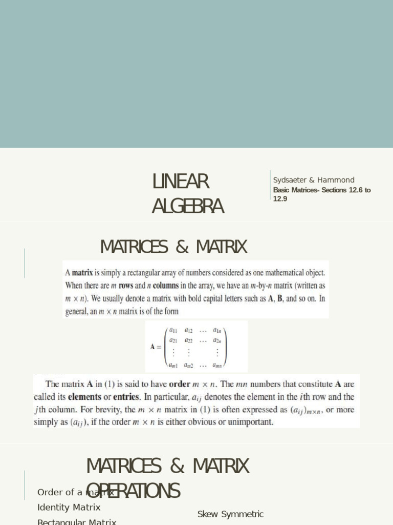 Linear Algebra-I- Basic Matrices (S - H Sections 12.6 to 12.9) | PDF