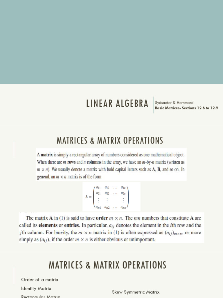 Linear Algebra-I- Basic Matrices (S - H Sections 12.6 to 12.9) | PDF