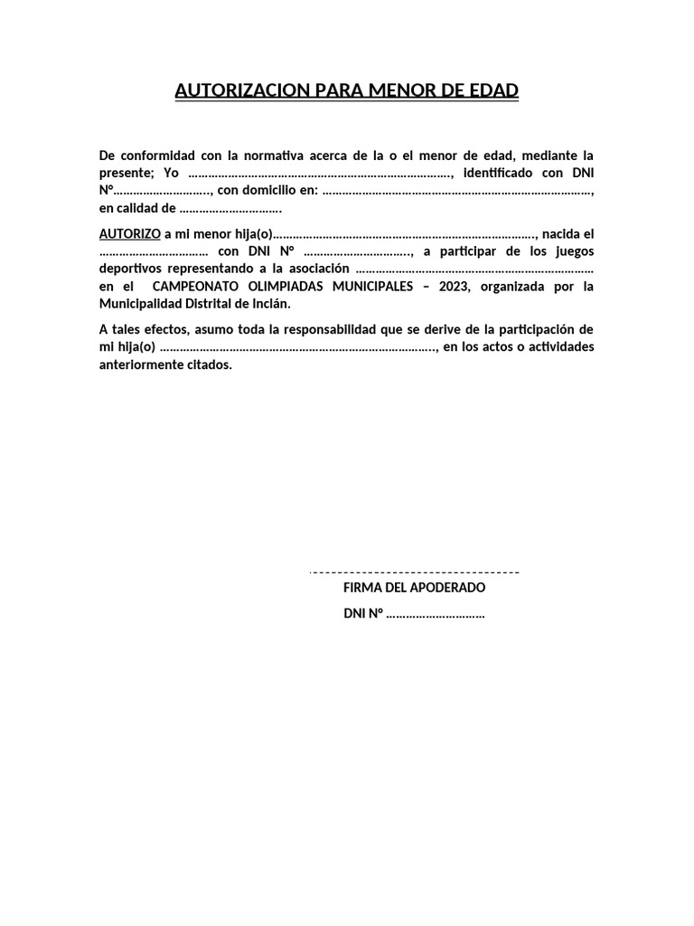 Autorizacion para Menor de Edad | PDF