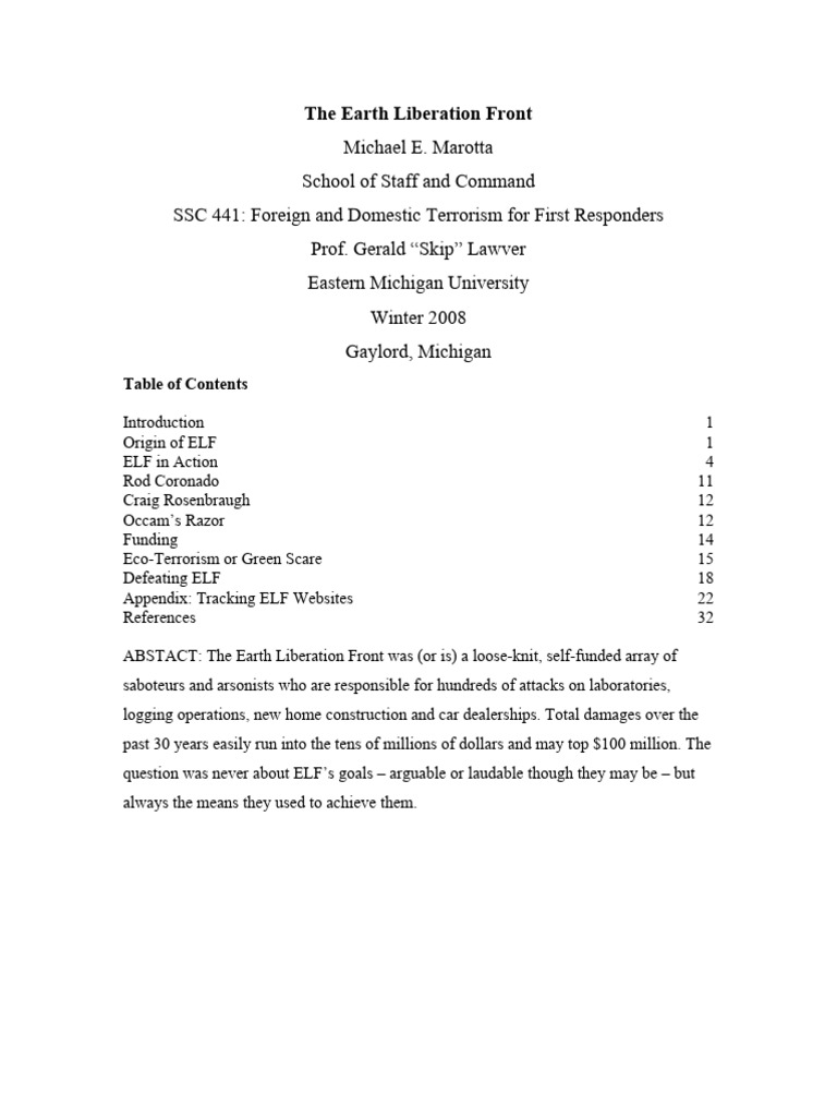 Earth Liberation Front: Eco-Terrorism Overview | PDF