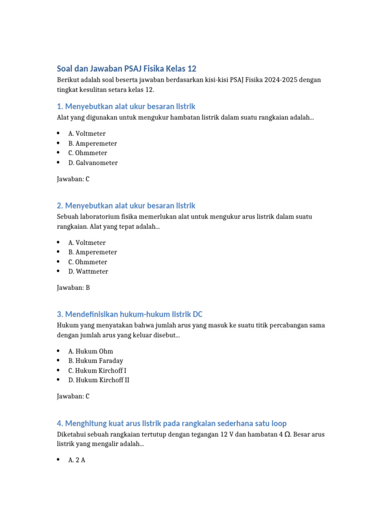 Soal Dan Jawaban PSAJ Fisika Kelas 12 | PDF