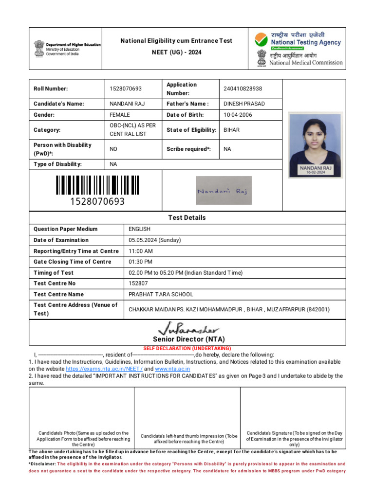 NEET UG 2024 Admit Card Details | PDF | Identity Document | Authentication