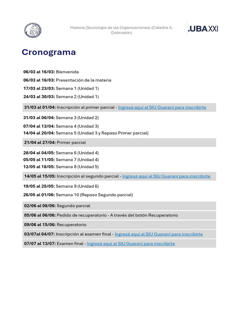 Cronograma UBA XXI Sociología 2023 | PDF