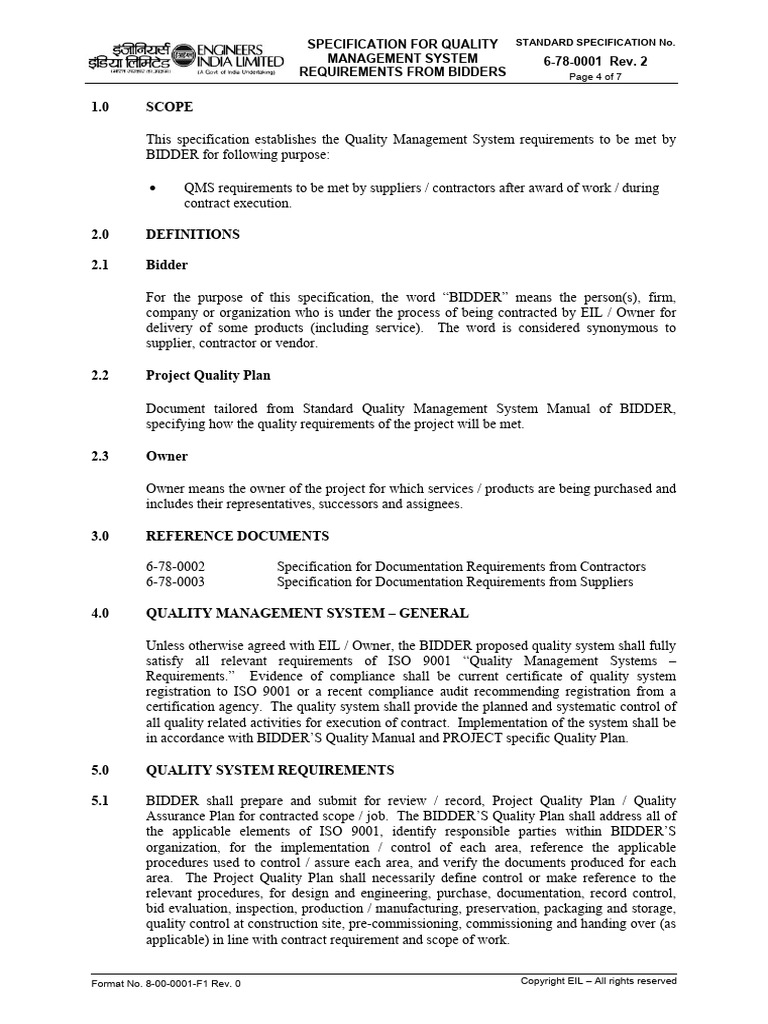 Spec. For Quality Management System. 6-78-0001 Rev. 2 | PDF | Specification (Technical Standard ...