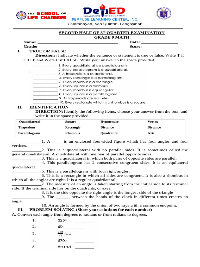 second half 3rd quarter EXAM MATH 9 | PDF | Rectangle | Elementary ...