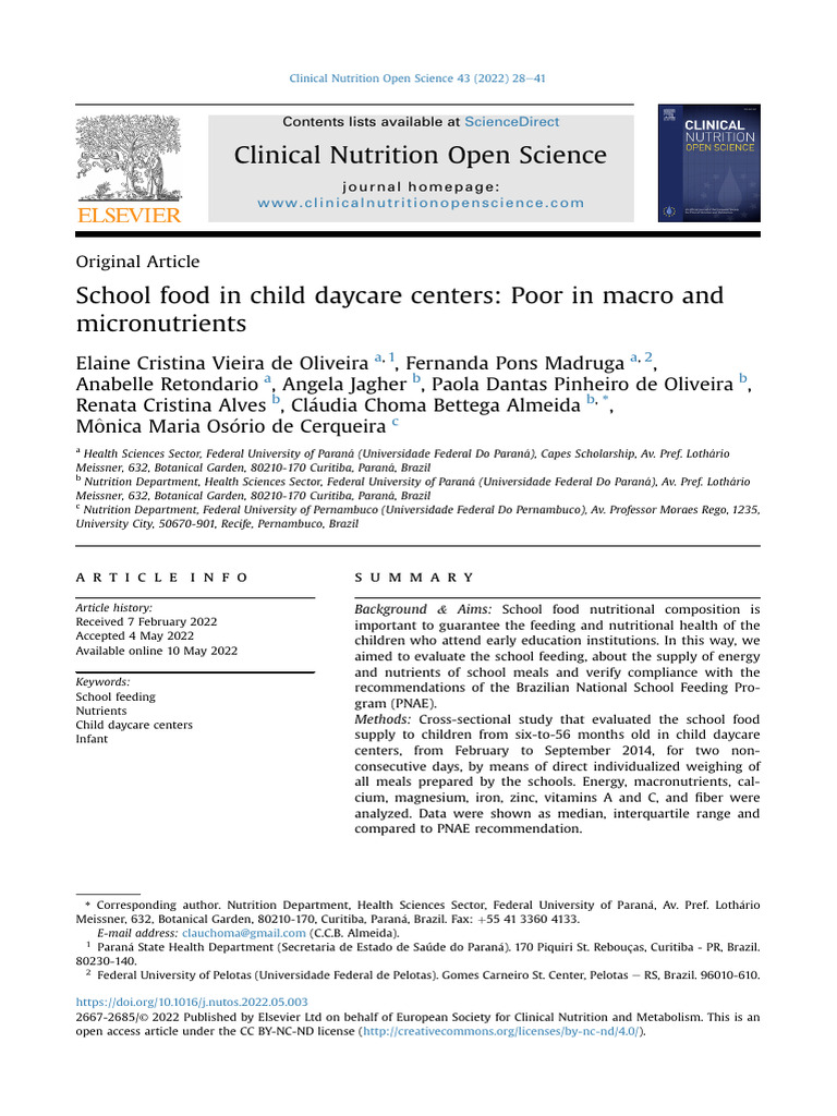 School Food in Child Daycare Centers - Poor in Macro and Micronutrients ...