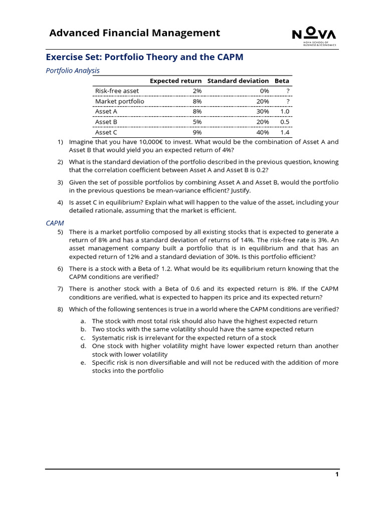 AFM - Exercise Set - 05 Portfolio Theory and The CAPM | PDF | Capital Asset Pricing Model ...