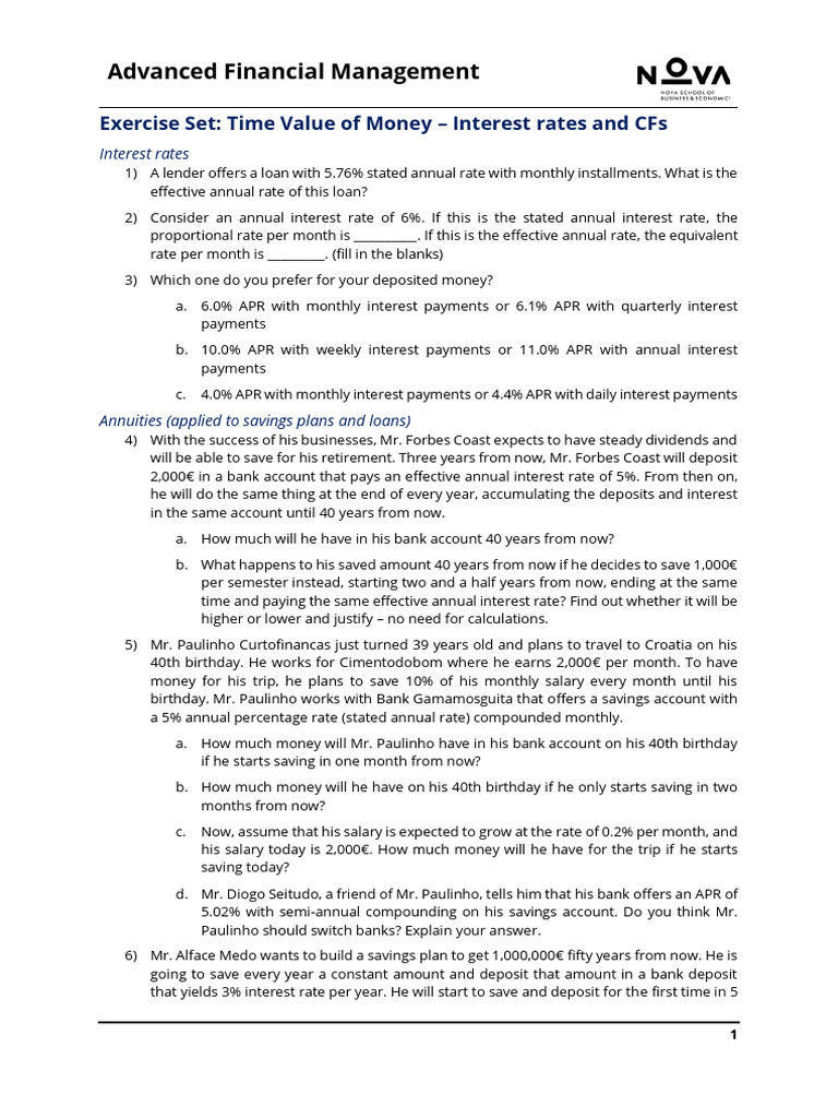 AFM - Exercise Set - 02 Time Value of Money - Interest Rates and CFs ...