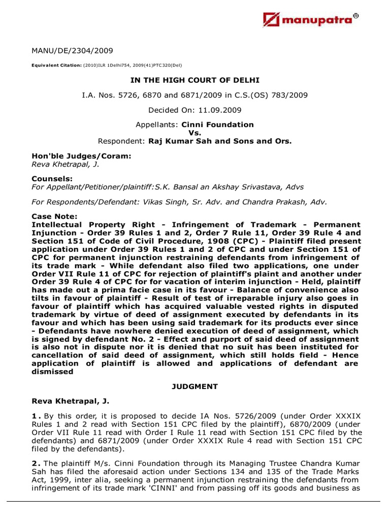 Trademark Infringement Case: CINNI | PDF | Trademark | Lawsuit
