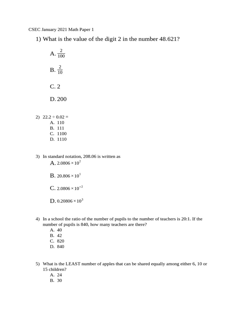 CSEC January 2021 Math Paper 1 | PDF | Function (Mathematics) | Area