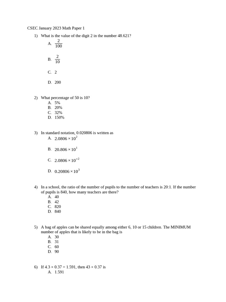 CSEC Jan 2023 Math Paper 1 | PDF | Set (Mathematics) | Canadian Dollar