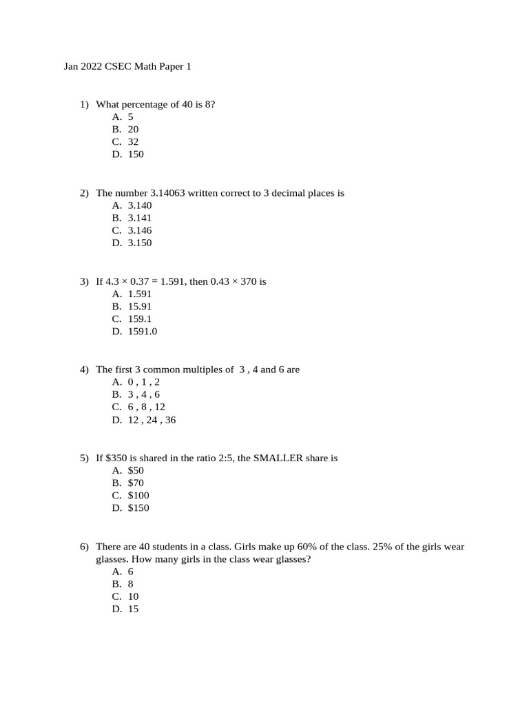 Jan 2022 CSEC Math Paper 1 Solutions | PDF | Elementary Mathematics ...