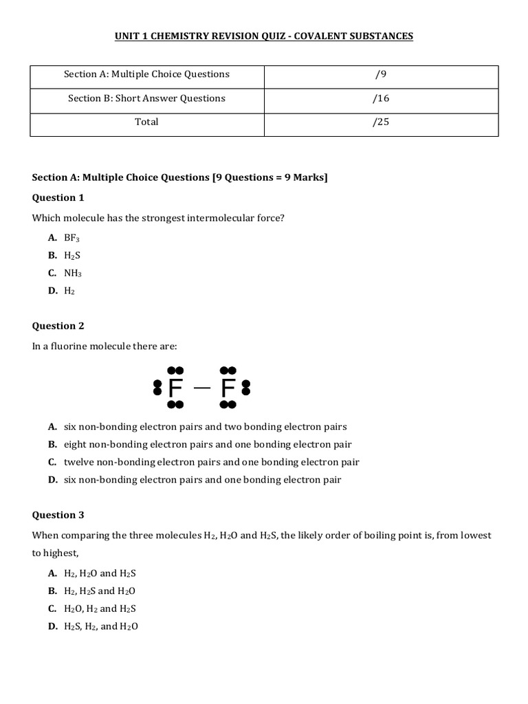 Chemistry Revision Quiz: Covalent Bonds | PDF | Chemical Polarity ...