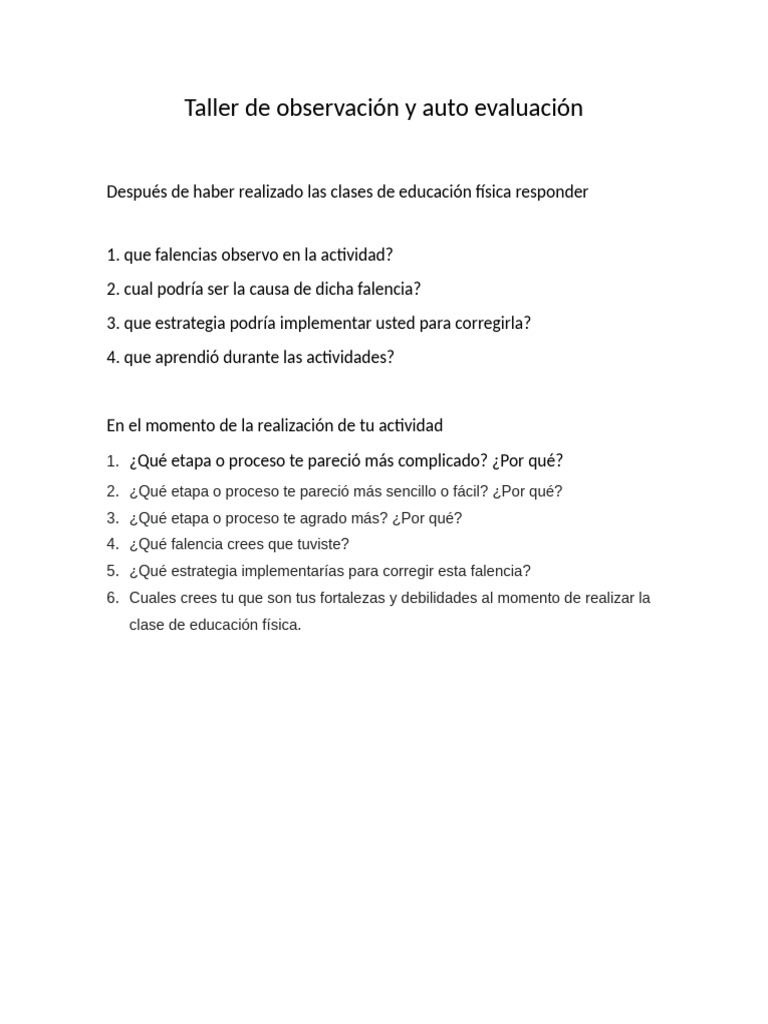 Taller de Observación y Auto Evaluación | PDF