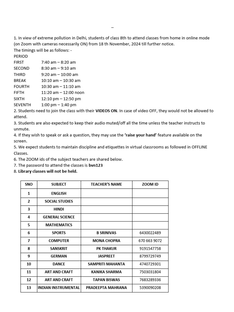 Class 8 Online Zoom Classes Schedule | PDF