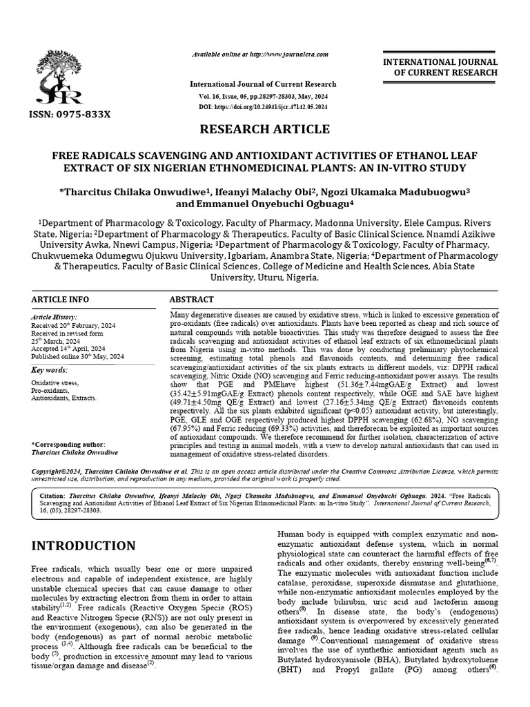 Free Radicals Scavenging and Antioxidant Activities of Ethanol Leaf ...