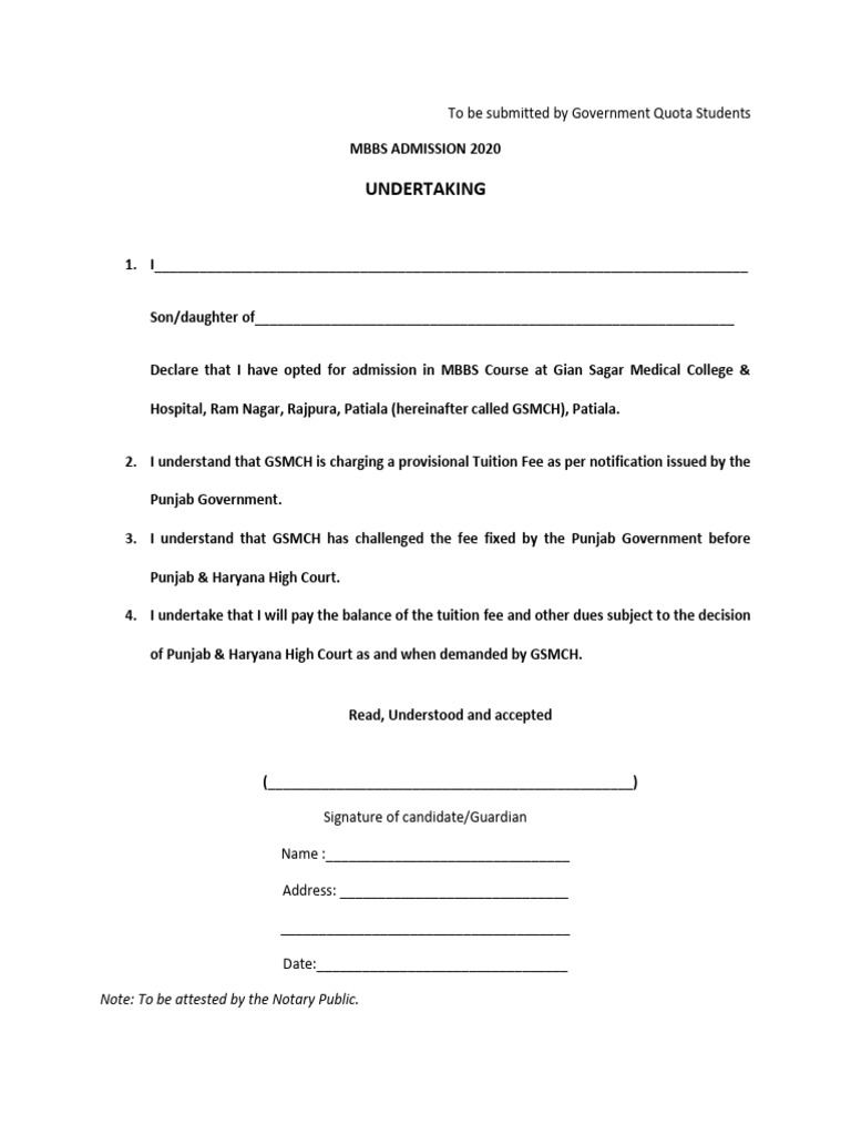 To Be Submitted by Government Quota Students | PDF