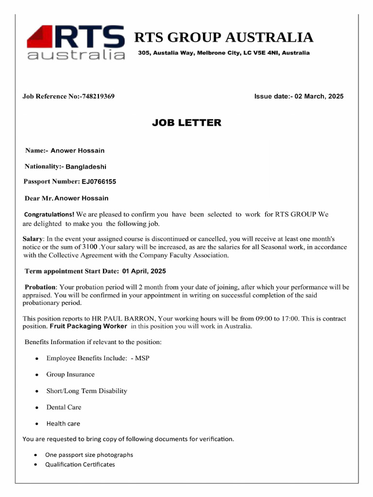 RTS Group Australia/ Anowar Hossain - Job Letter | PDF
