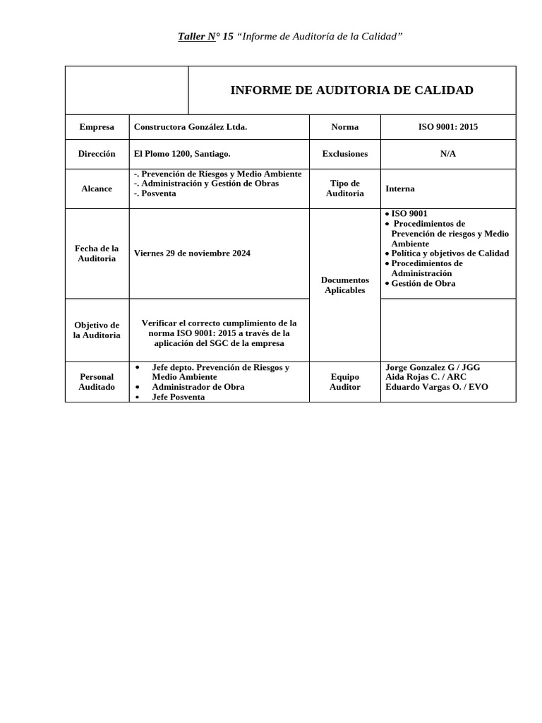 Informe Auditoría Calidad ISO 9001:2015 | PDF | Calidad (comercial ...