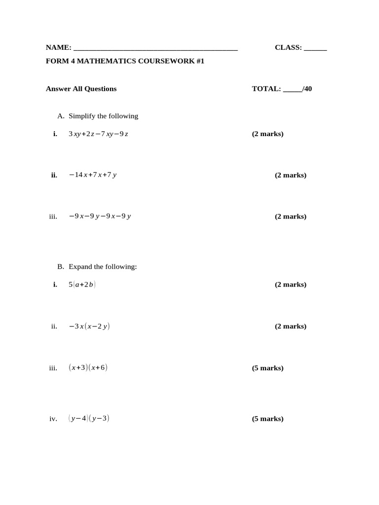 Form 4 Coursework - Algebra Factorization | PDF