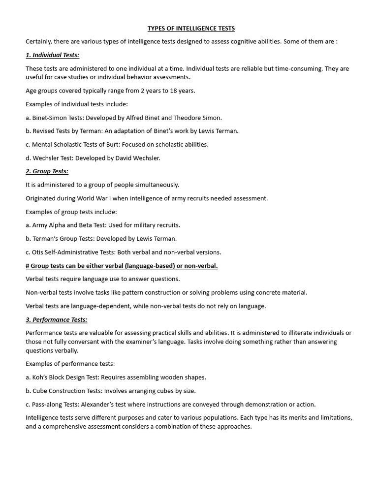 Types of Intelligence Tests Explained | PDF