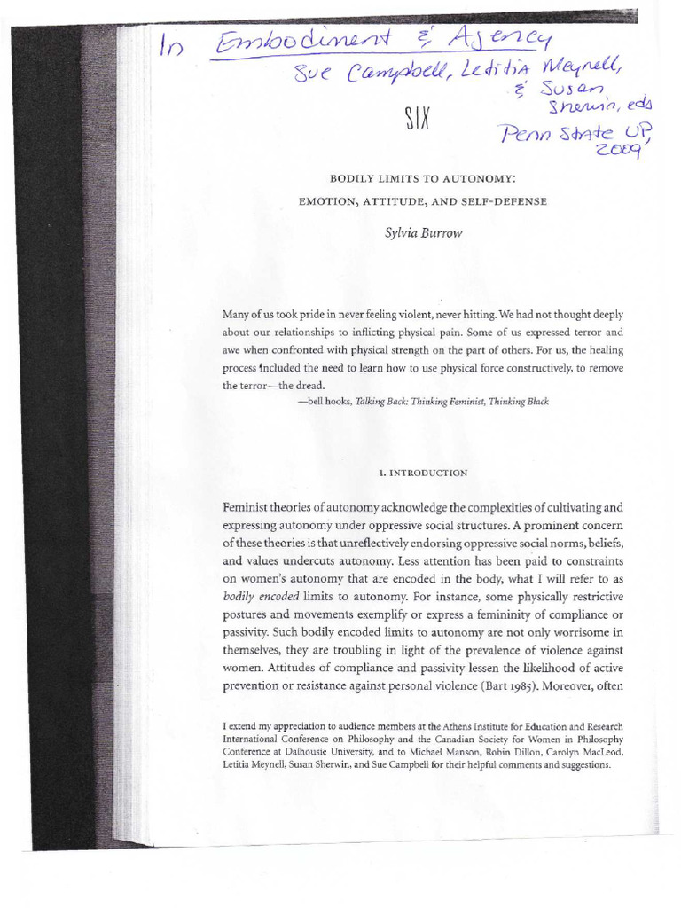 Bodily Limits To Autonomy Emotion Attitu | PDF | Self Defense | Self Esteem
