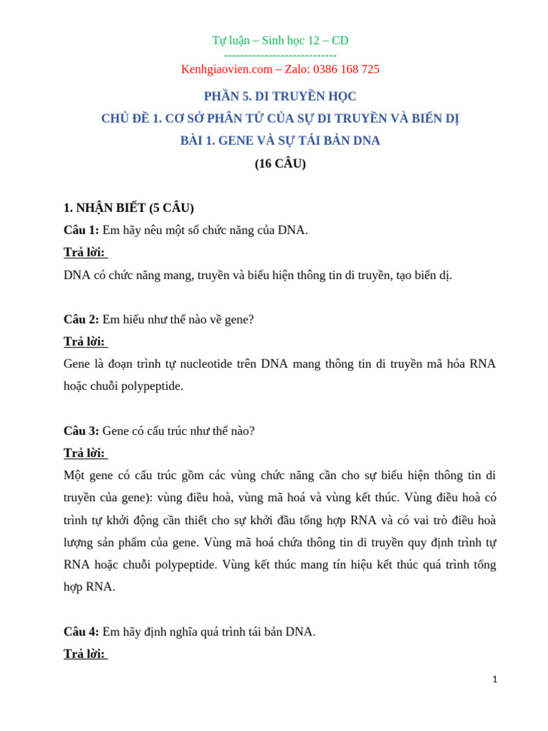 TL Sinh12 CD Bai 1 Gene Va Co Che Thong Tin Di Truyen | PDF