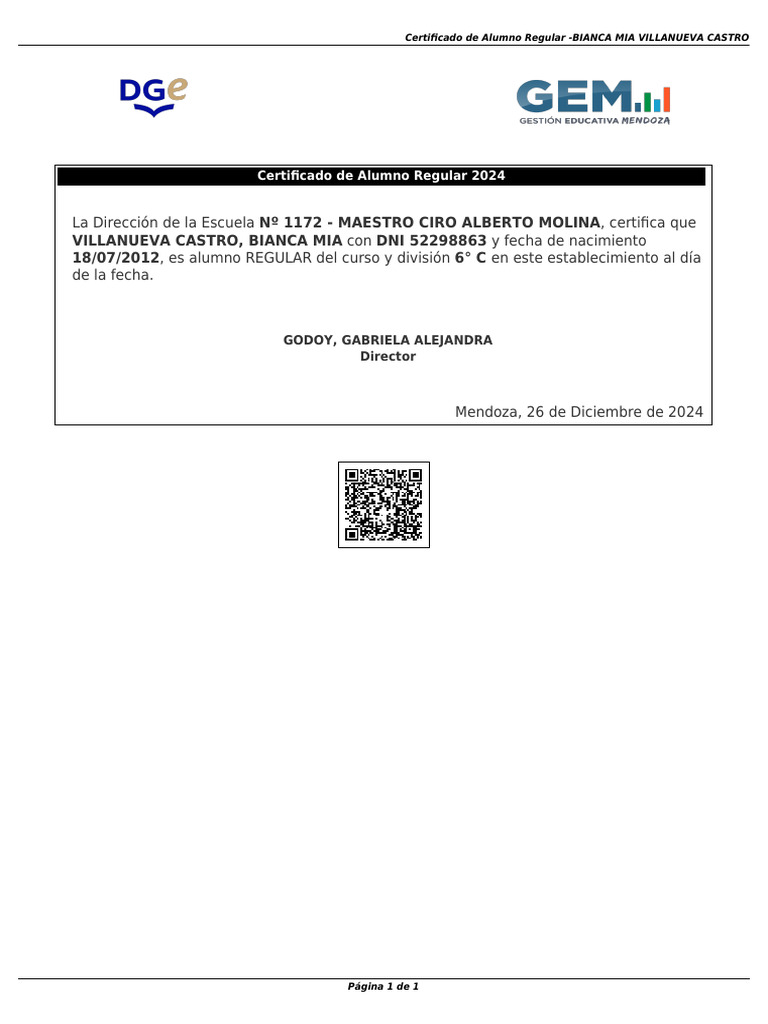 Certificado de Alumno Regular - BIANCA MIA VILLANUEVA CASTRO | PDF
