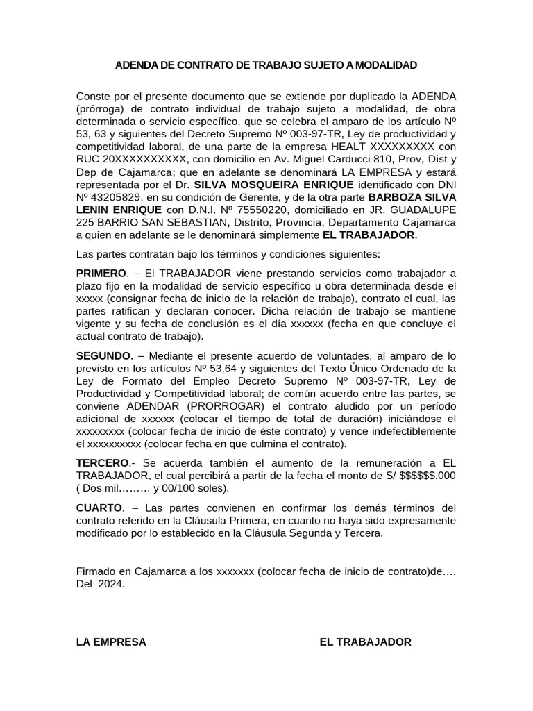 Adenda de Contrato de Trabajo Sujeto A Modalidad | PDF