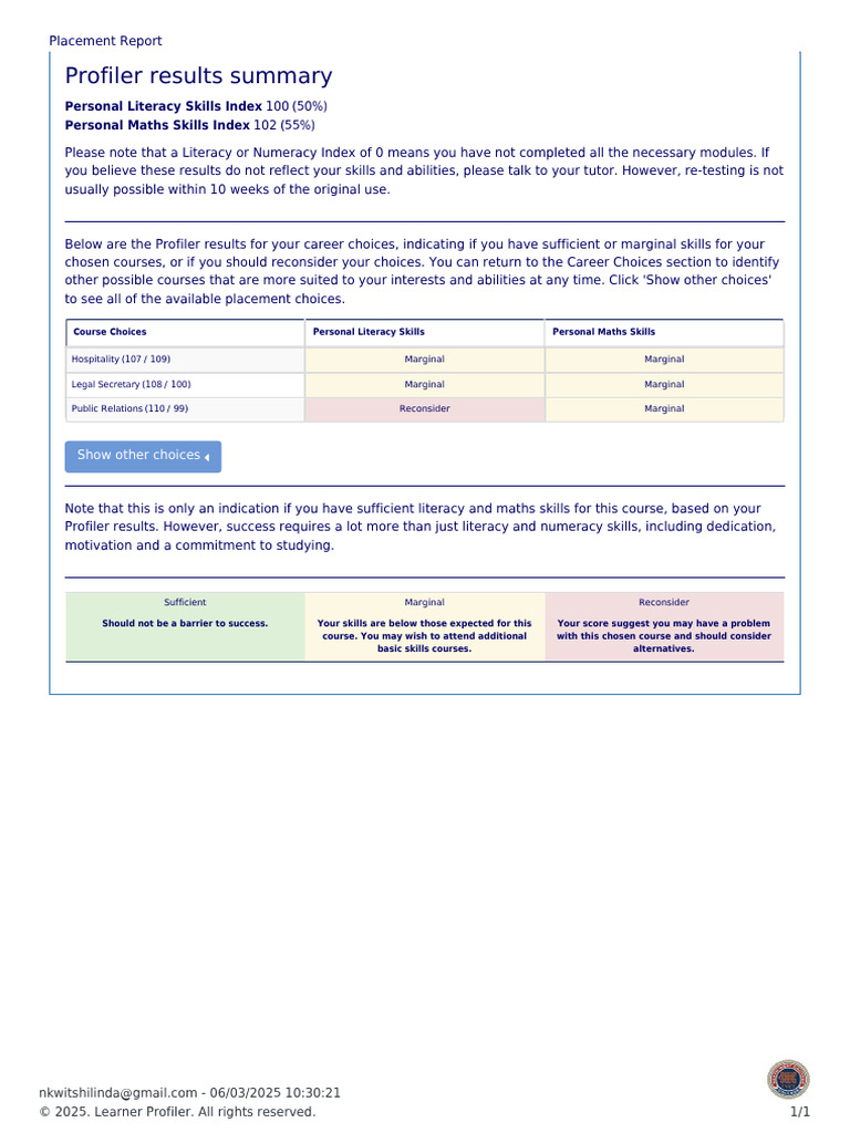 Skills Assessment for Course Placement | PDF