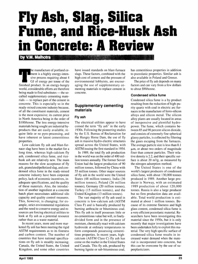 Fly Ash, Slag, Silica Fume, and Rice Husk Ash in Concrete - A Review | PDF